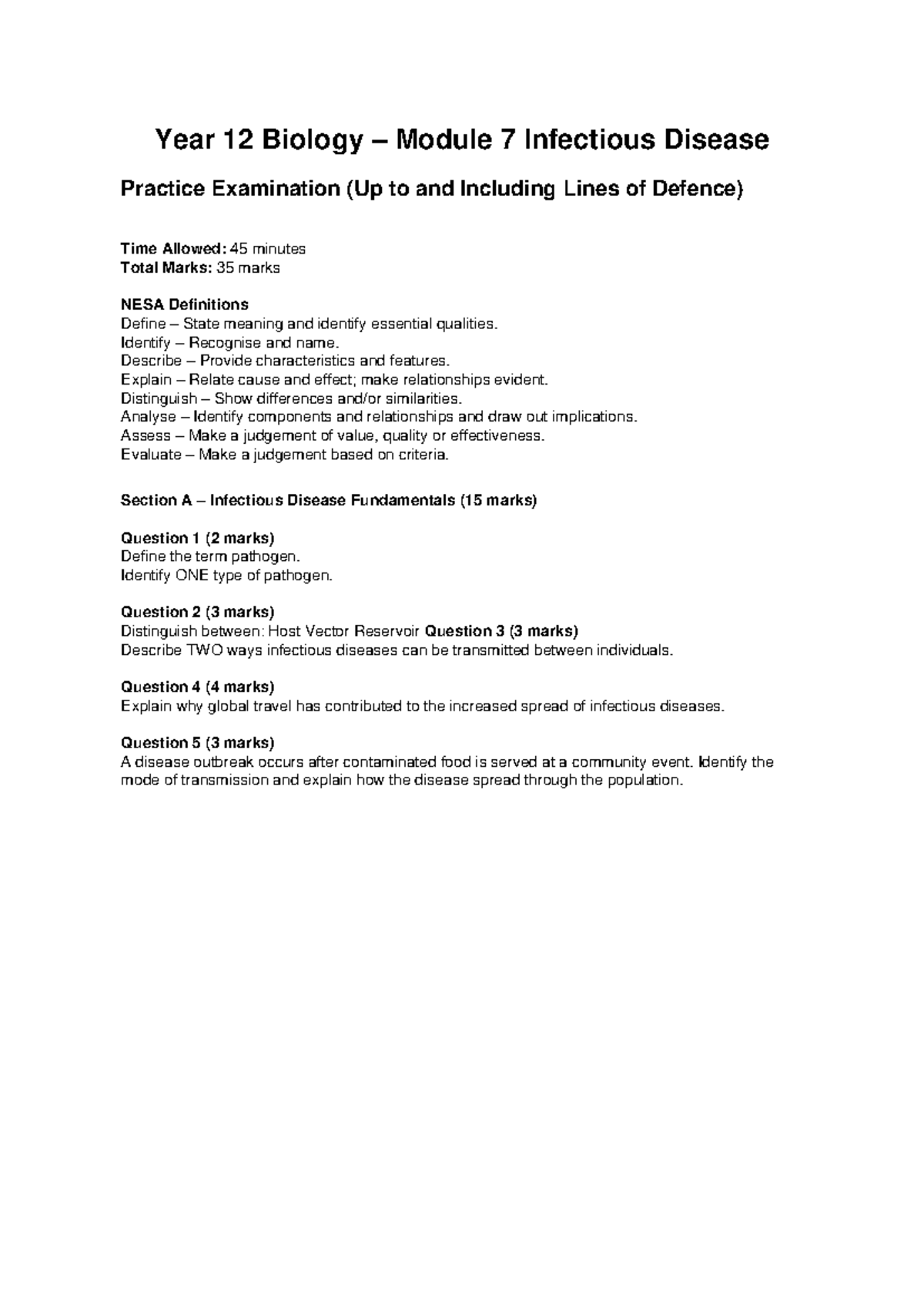 Year 12 Biology Module 7 Infectious Disease Practice Exam - Studocu