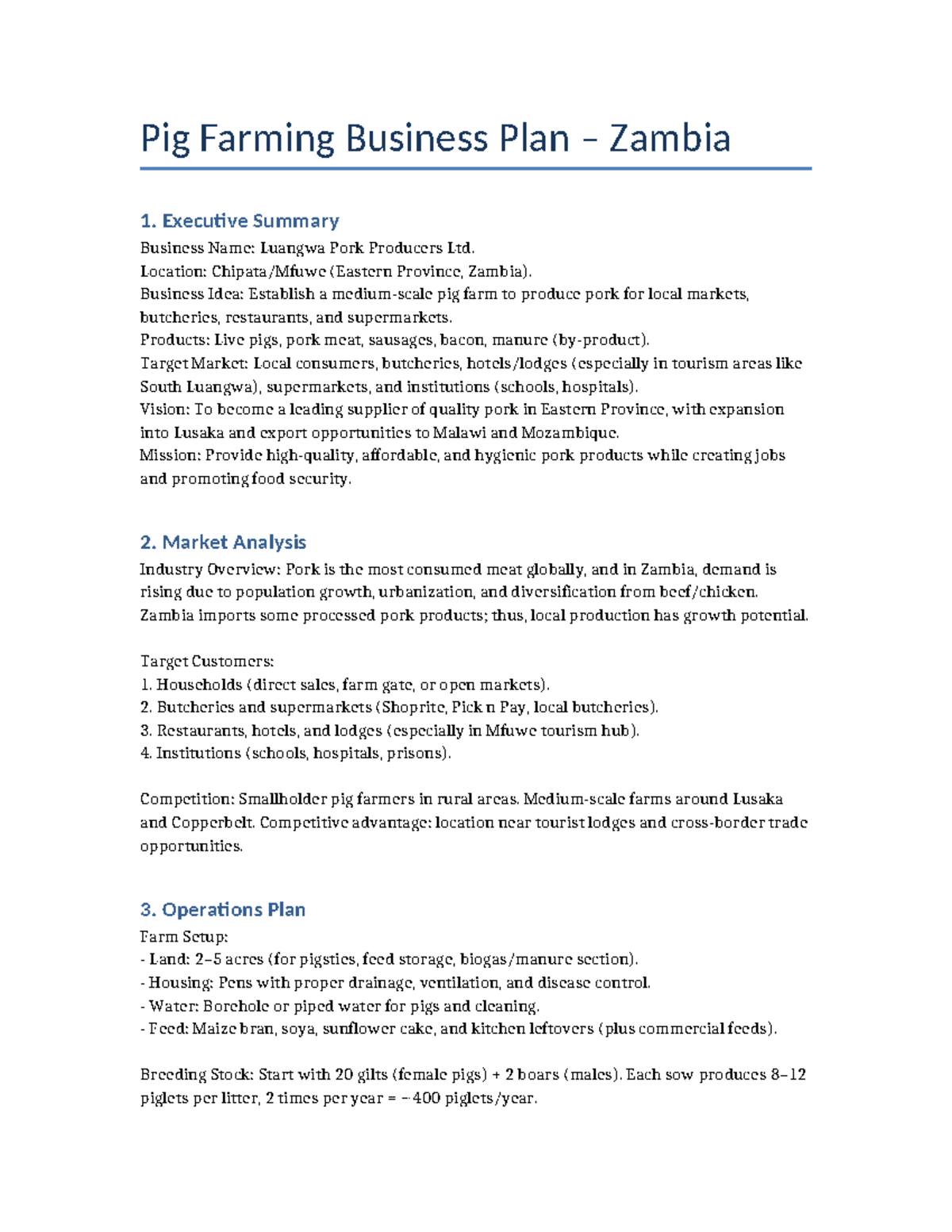 Pig Farming Business Plan (ZMB 101): Luangwa Pork Producers Ltd. - Studocu