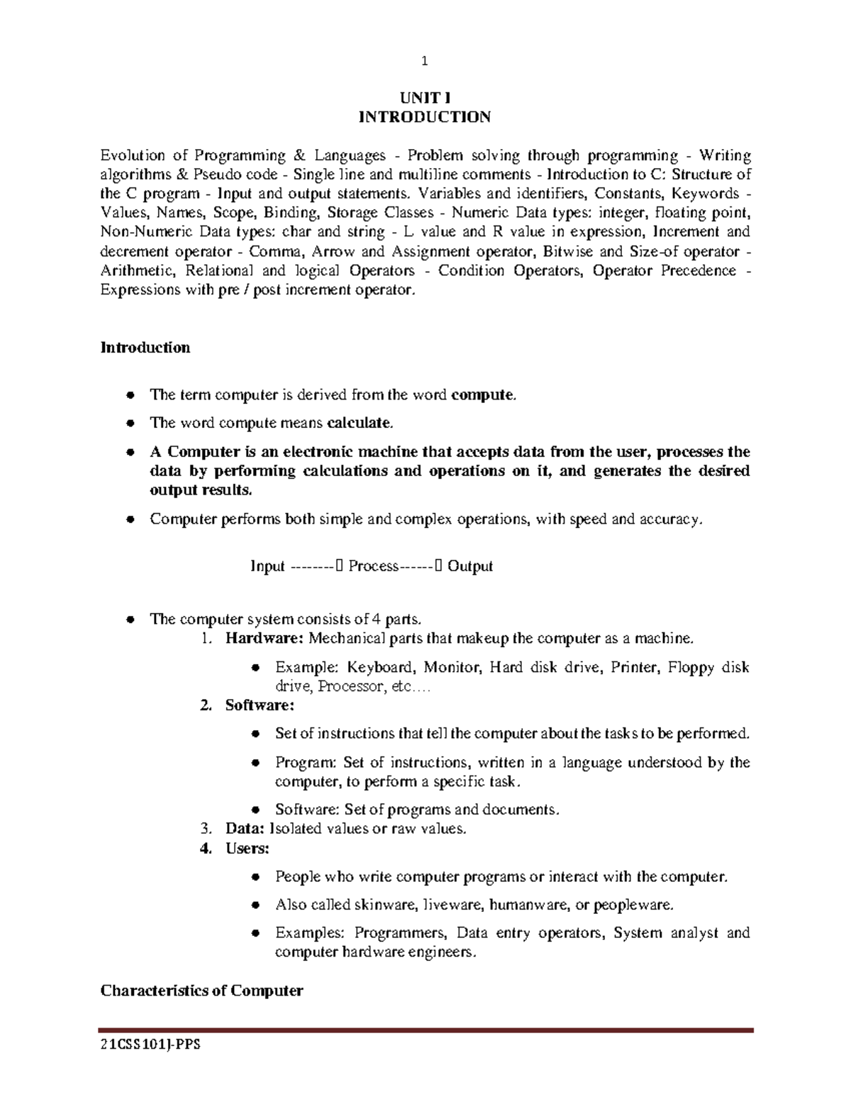 PPS UNIT I - Introduction to Programming Languages and C Basics - Studocu