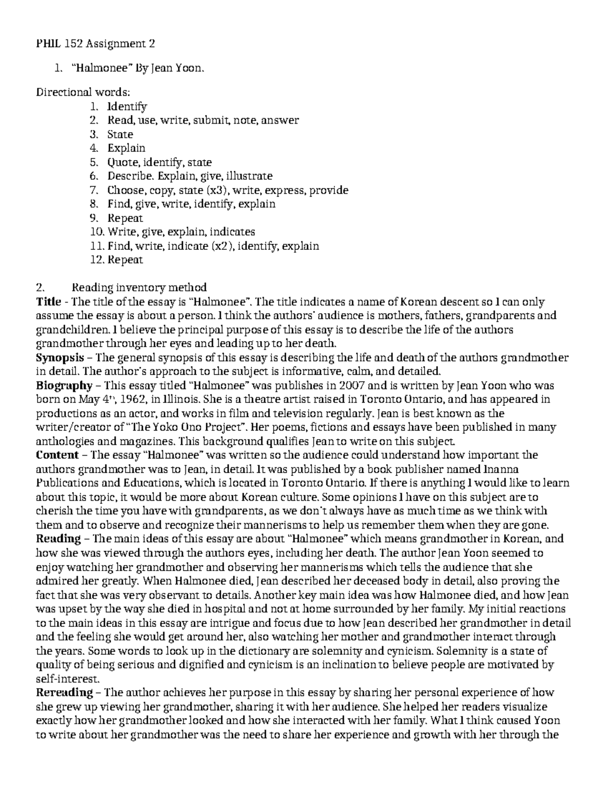 PHIL152 Assignment 2: Analysis of Jean Yoon’s Essay "Halmonee" - Studocu
