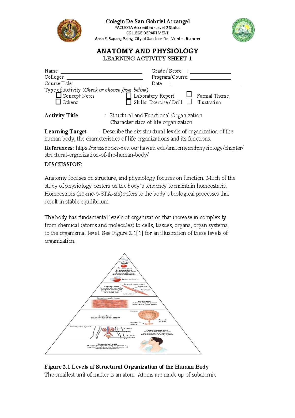 ANATOMY AND PHYSIOLOGY LEARNING ACTIVITY SHEET 1 (LAS 1) - Studocu