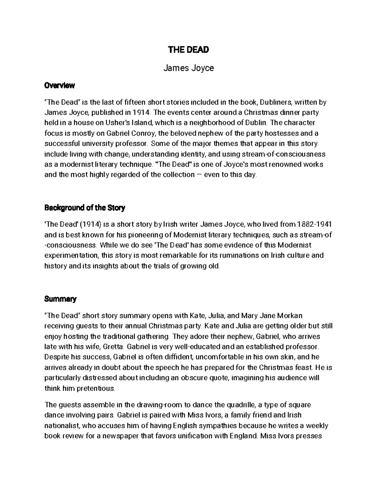 James Joyce's "The Dead" - Summary & Analysis Notes PDF - Studocu