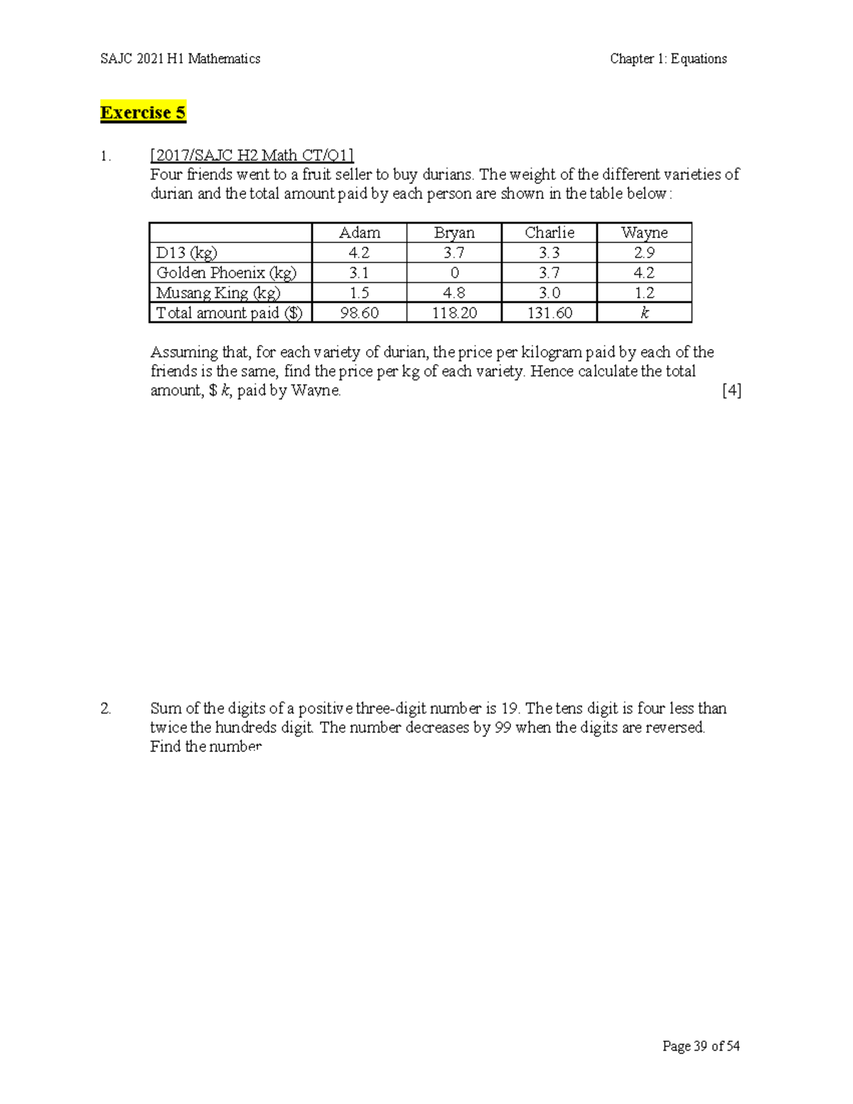 SAJC 2021 H1 Mathematics Chapter 1: Equations Practice & Solutions ...