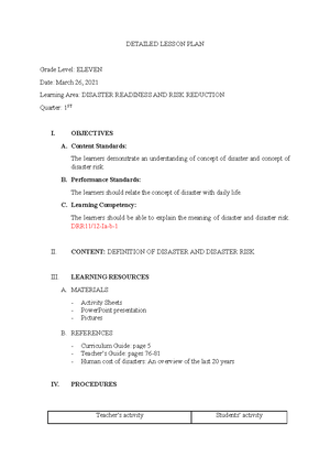 DLP DRRR 1-26 - Drrr - 1 Lesson Plan in Disaster Readiness and Risk Reduction (DRRR) Grade 11 ...