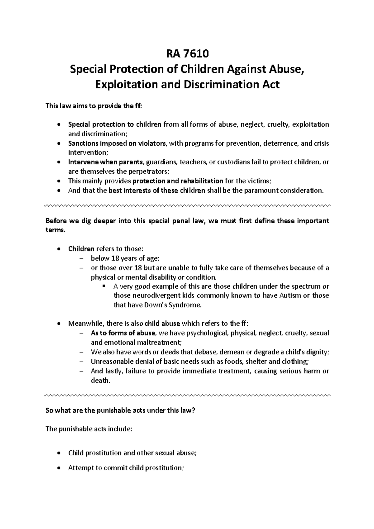 RA 7610 Report Notes: Special Protection of Children Against Abuse ...