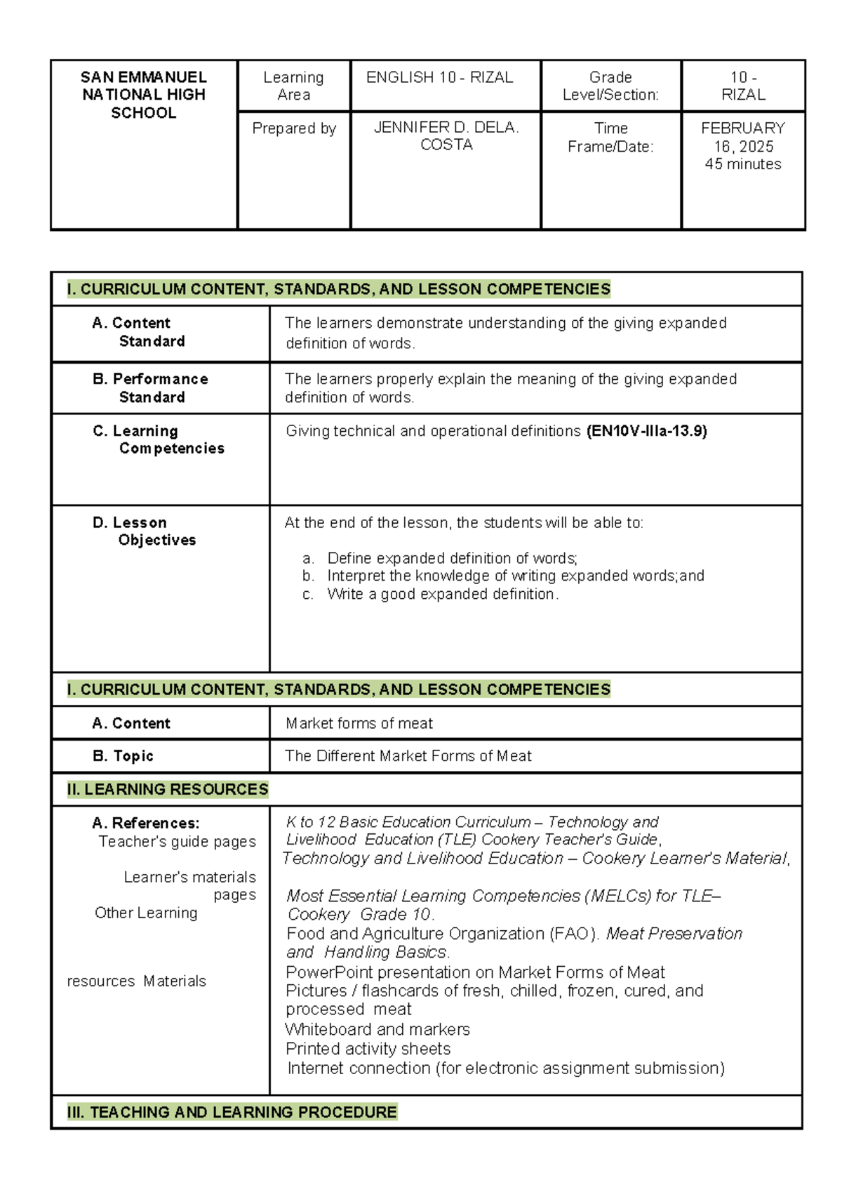 ENGLISH 10 RIZAL Lesson Plan: Understanding Market Forms of Meat - Studocu