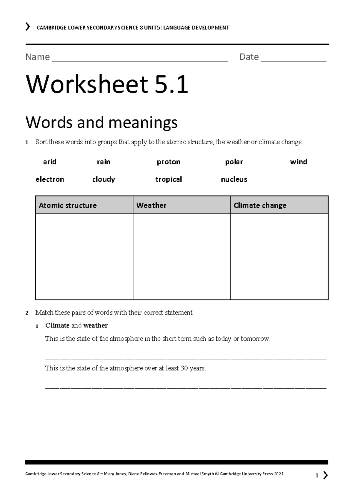 CAMBRIDGE LOWER SECONDARY SCIENCE 8 UNIT 5: LANGUAGE DEVELOPMENT ...