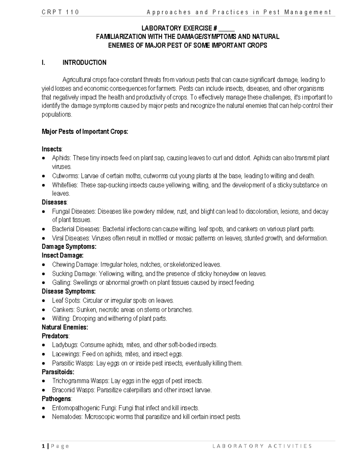 IPM LAB - Familiarization with Crop Pest Damage and Natural Enemies ...