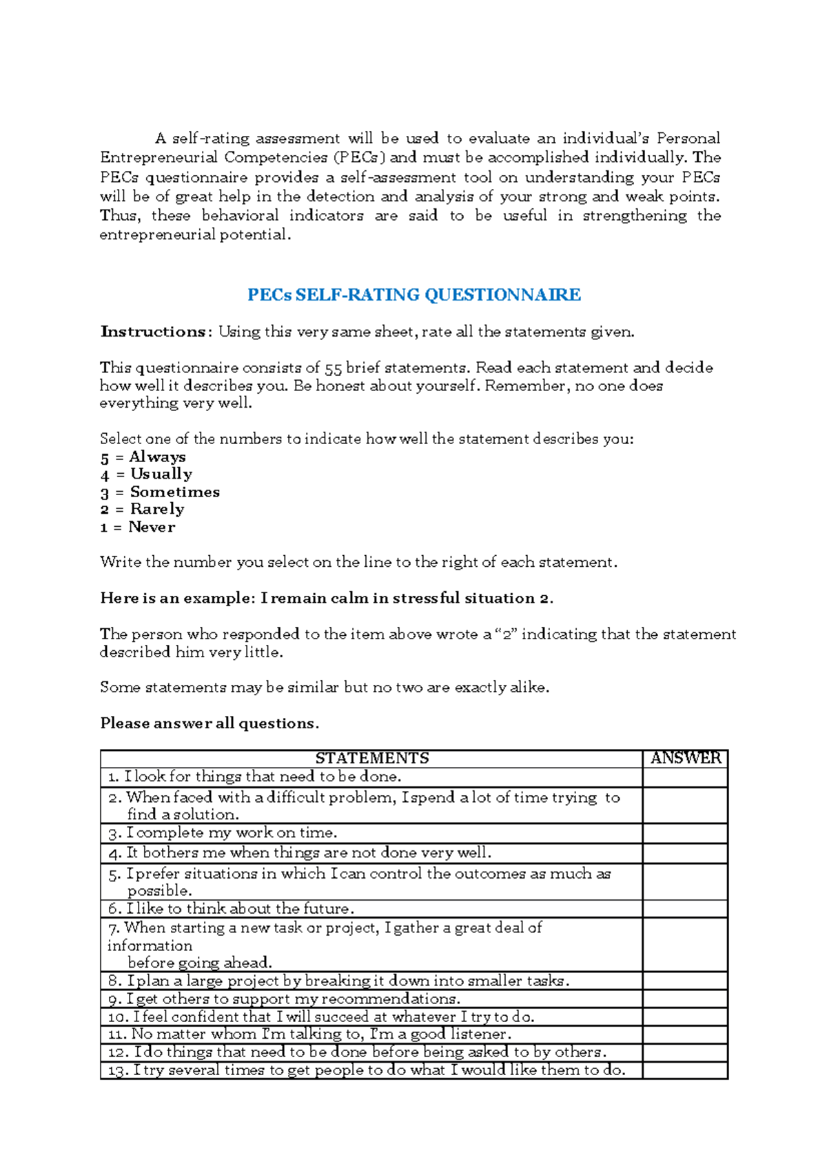 PECs Self-Rating Questionnaire for Grade 7 Evaluation and Analysis ...