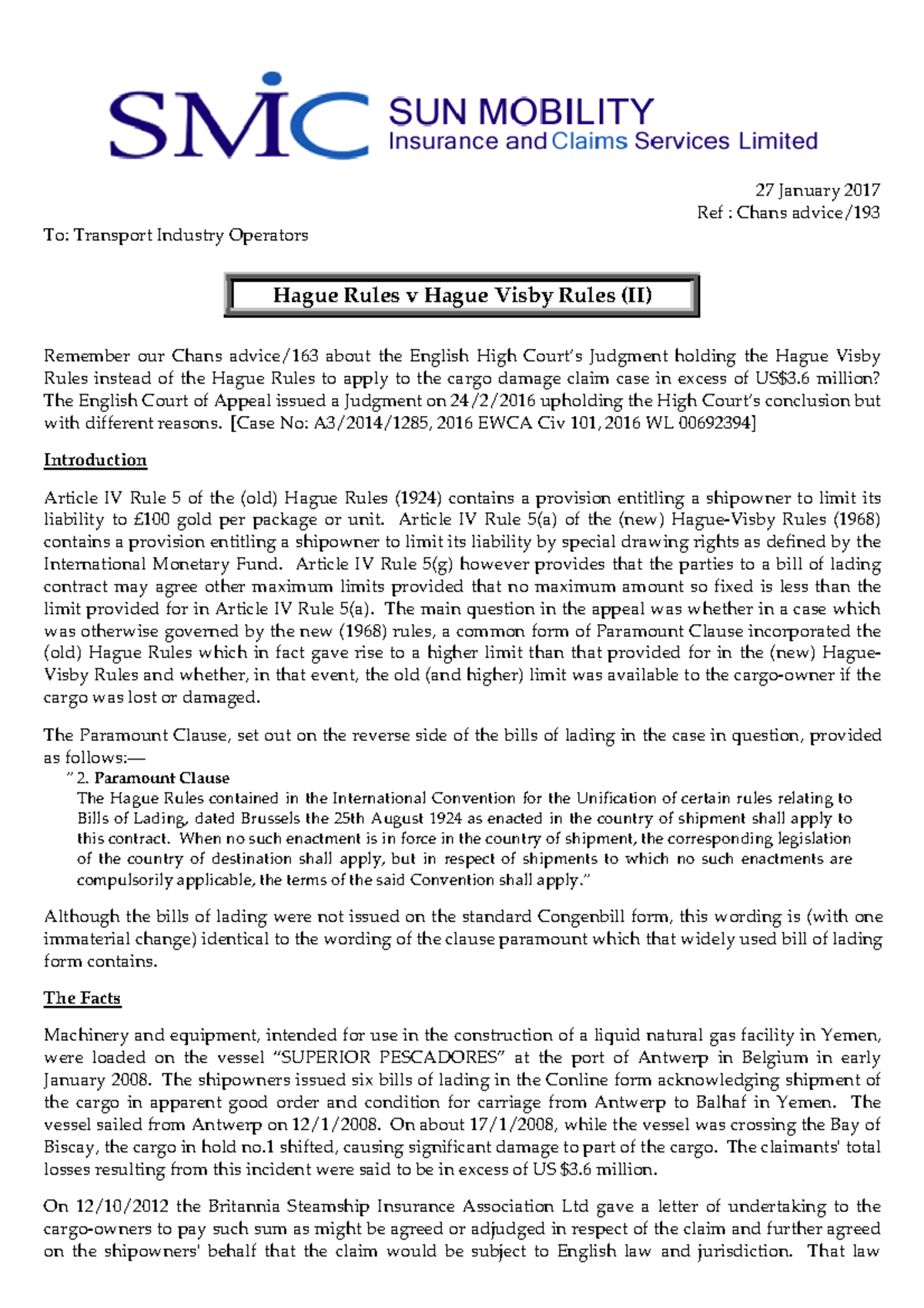 Chans Advice 193: Hague Rules vs. Hague Visby Rules II Analysis - Studocu