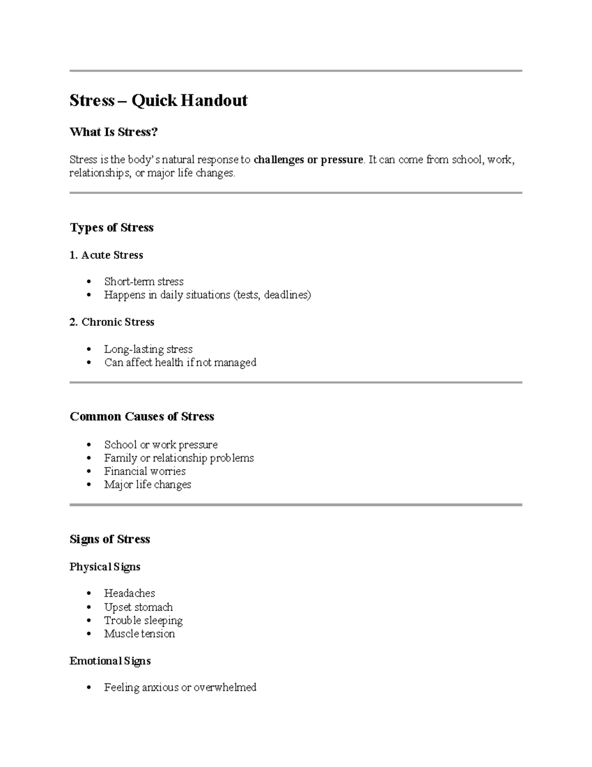 Stress Handouts: Understanding Types and Signs of Stress - Studocu