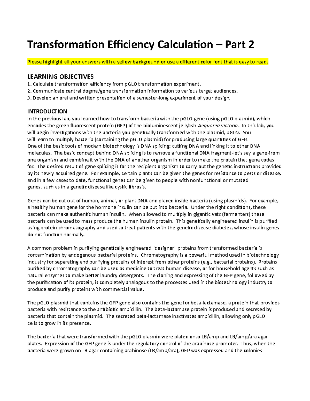 Transformation Efficiency Calculations - LEARNING OBJECTIVES Calculate transformation efficiency ...