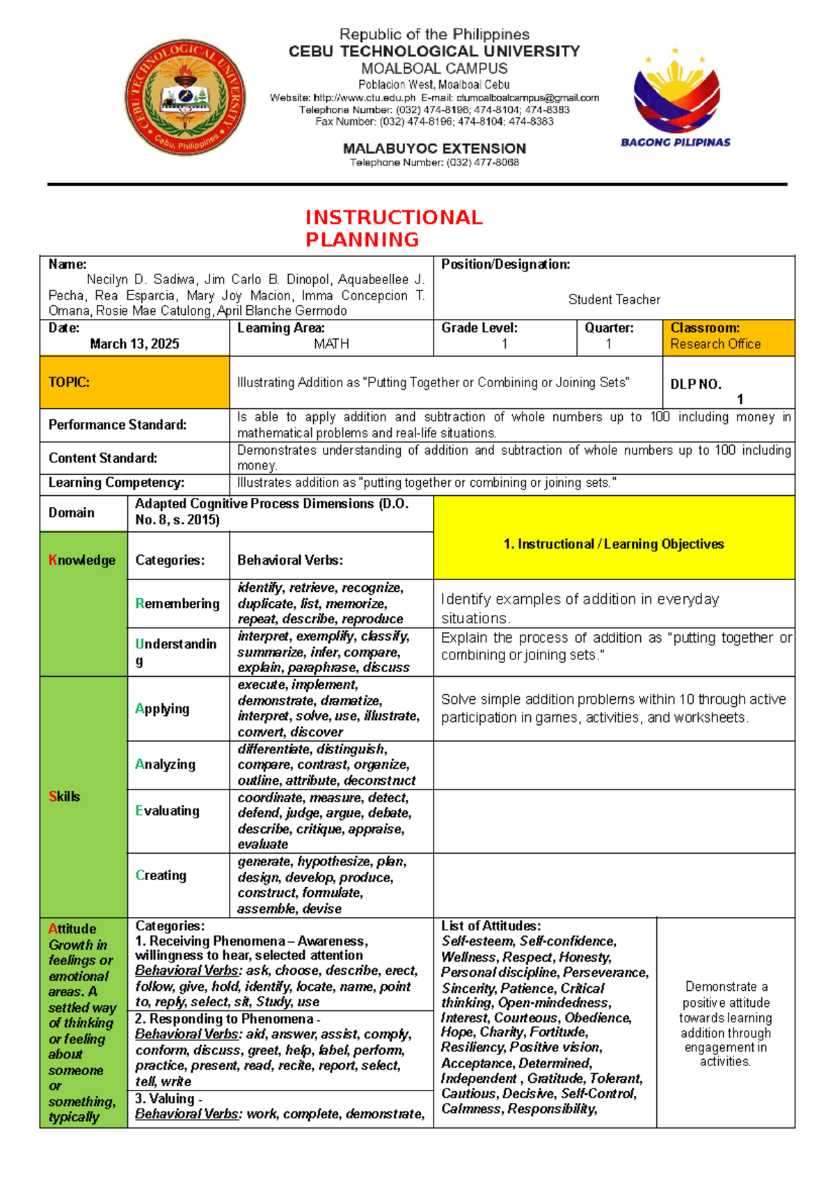 Mathematics LP - Lesson Plan on Addition for Grade 1 (Quarter 1) - Studocu