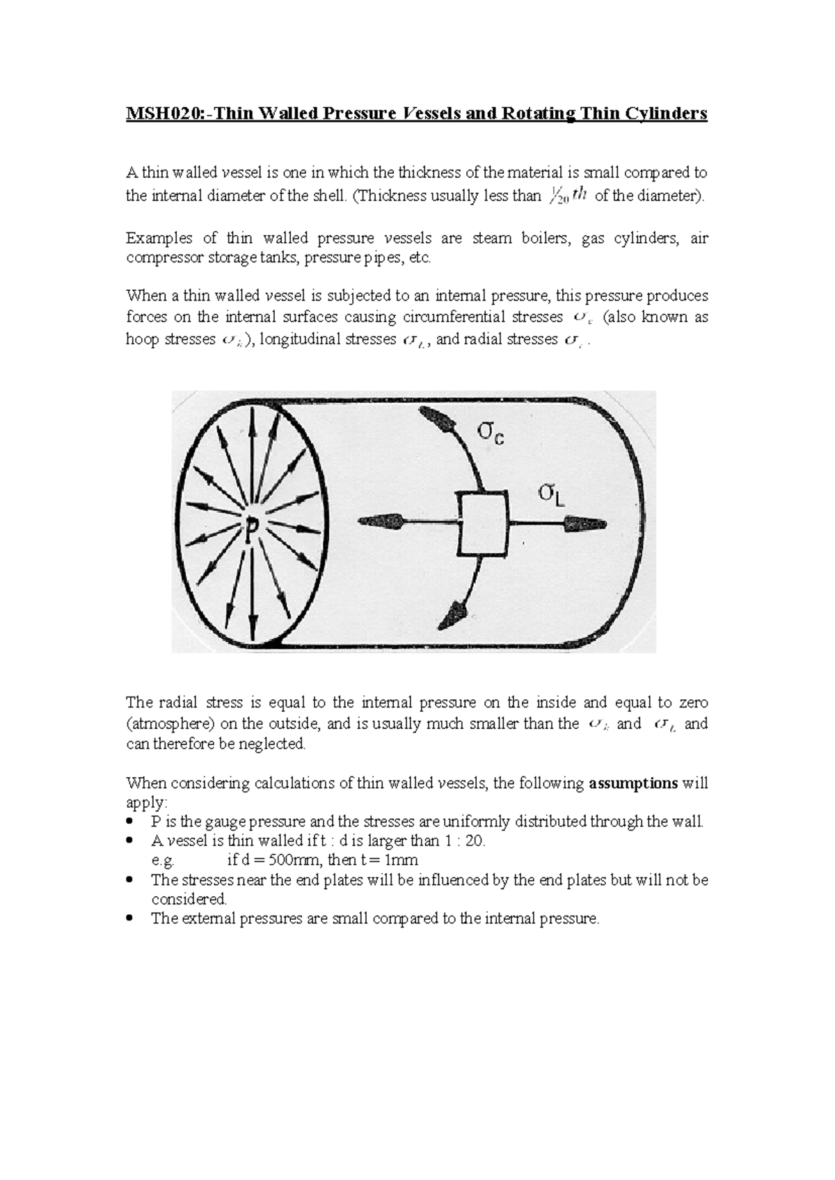 Thin Walled Pressure Vessels & Rotating Cylinders - Study Notes - Studocu