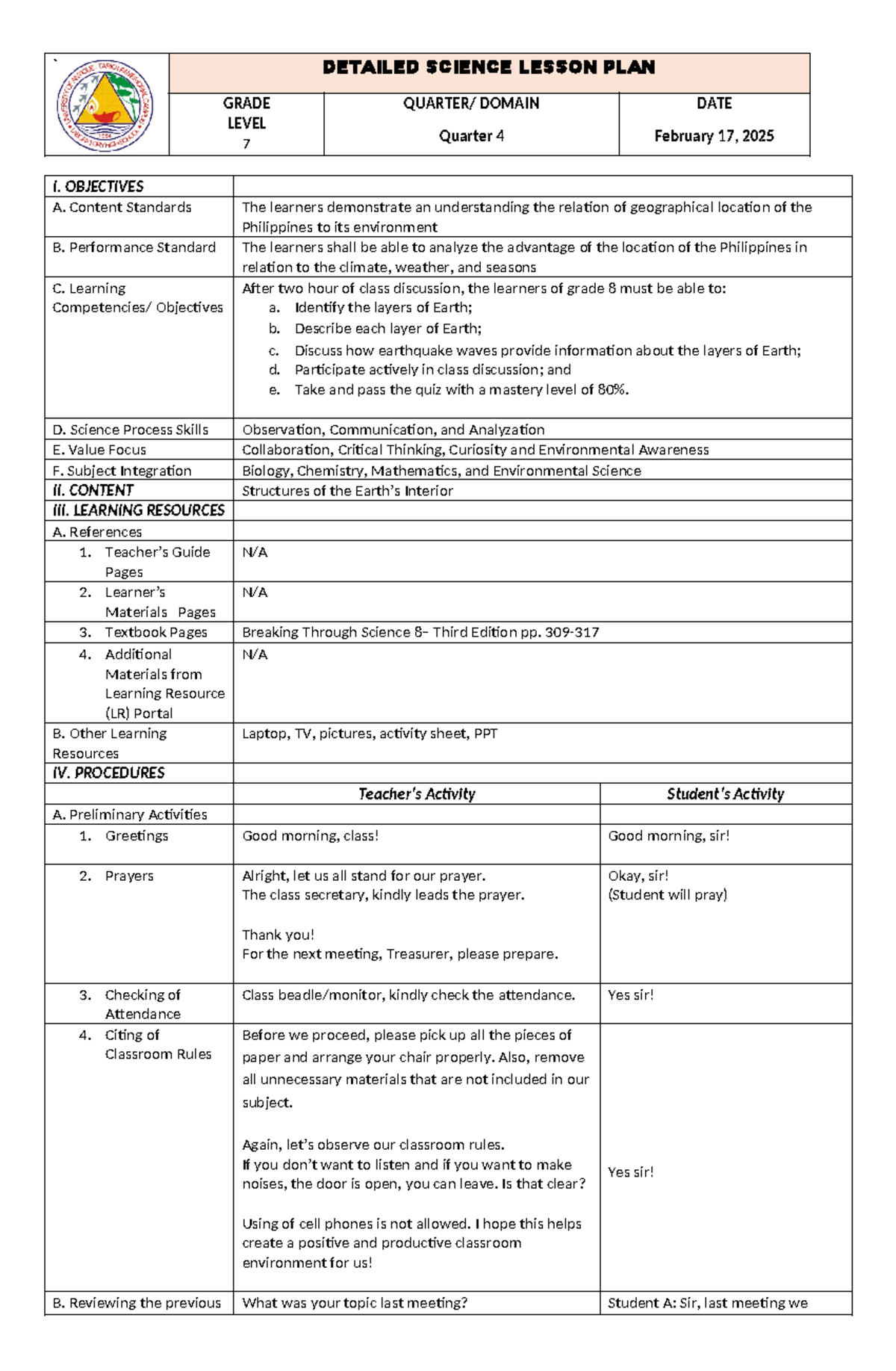 G7 Lesson PLAN NO 03 Pablito Espanola Earths Interior - ` DETAILED ...