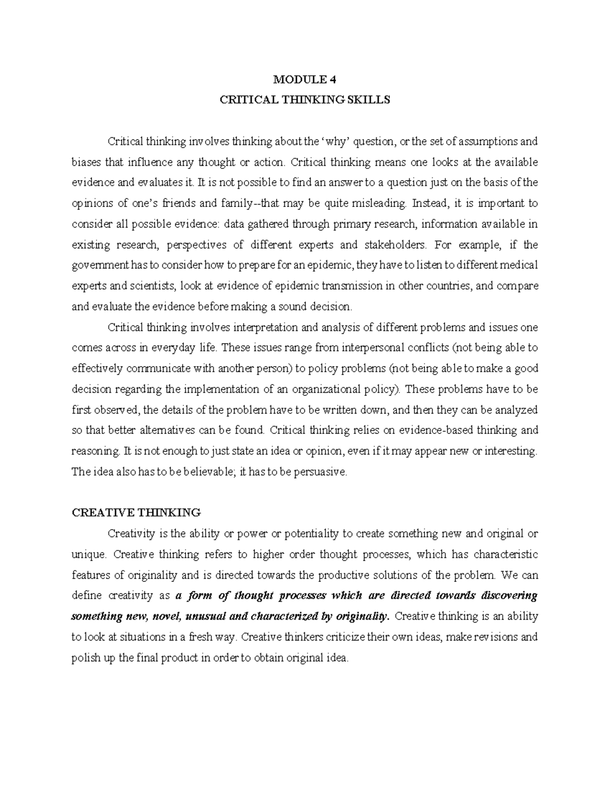MODULE 4: Critical Thinking Skills and Creative Problem Solving - Studocu