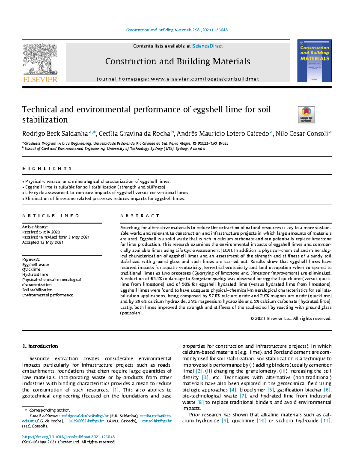 Technical and environmental performance of eggshell lime for soil - Technical and environmental ...