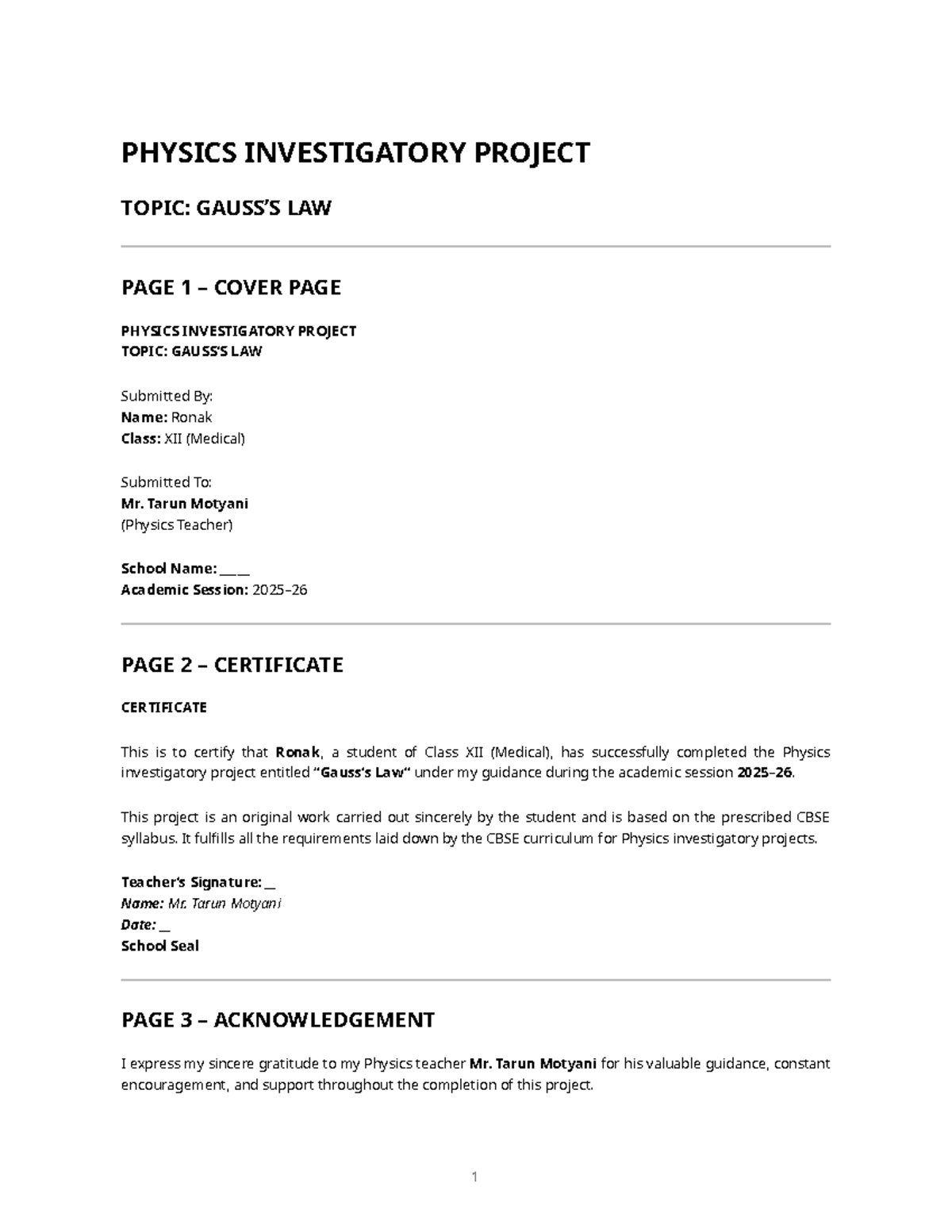 PHYSICS INVESTIGATORY PROJECT: GAUSS'S LAW (CLASS XII) - Studocu
