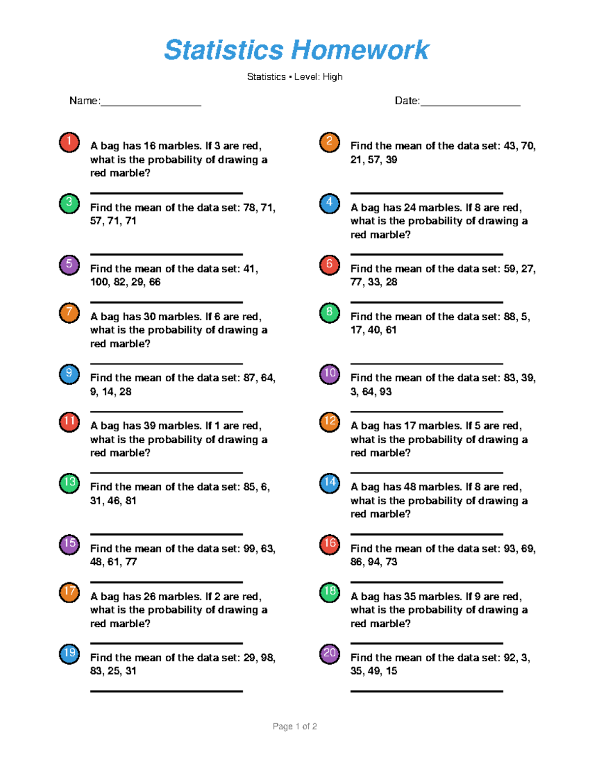 Statistics Homework: Probability & Mean Calculations (Level High 1 ...
