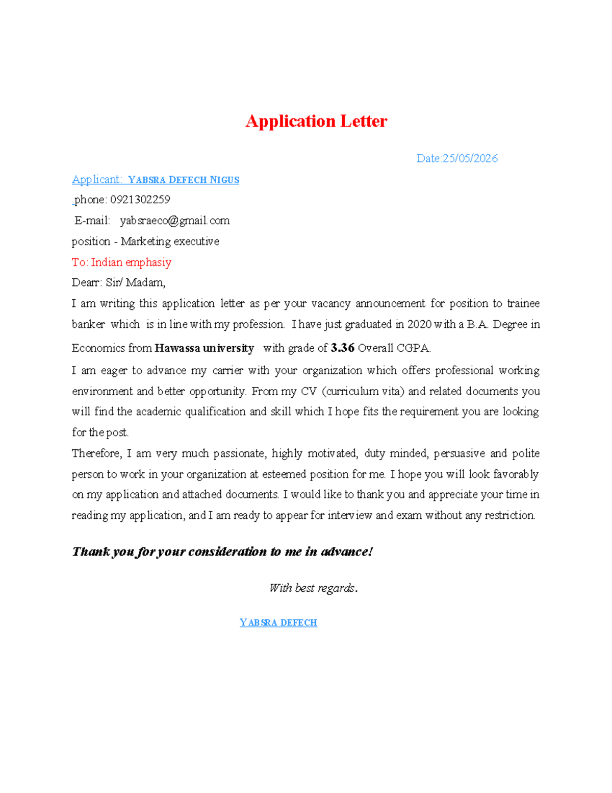 Application Letter for Marketing Executive Position - YABSRA DEFECH ...