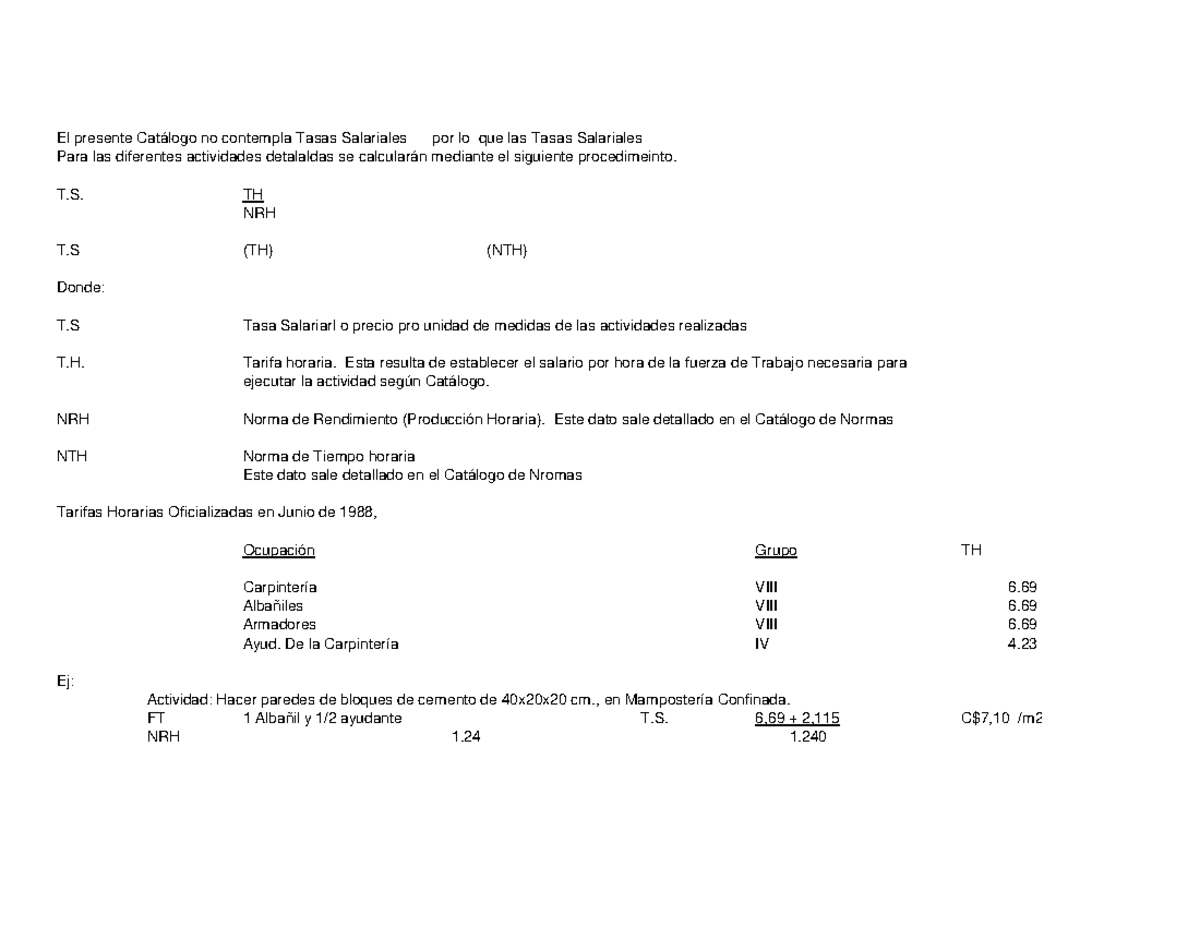 Catálogo de Normas de Rendimiento Horario - Tasa Salarial TH - Studocu