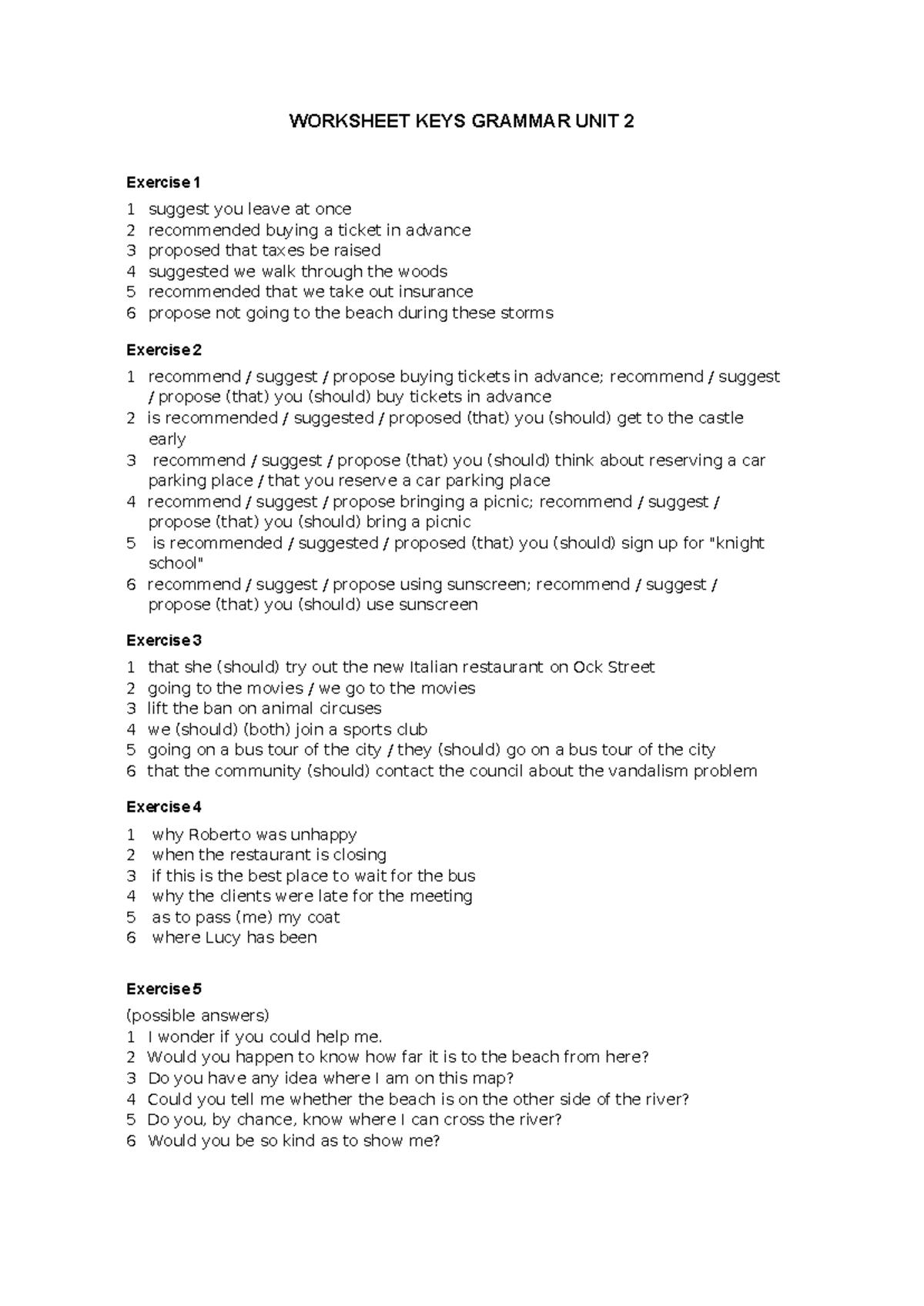 Worksheet KEYS Grammar UNIT 2: Exercises & Suggestions Guide - Studeersnel