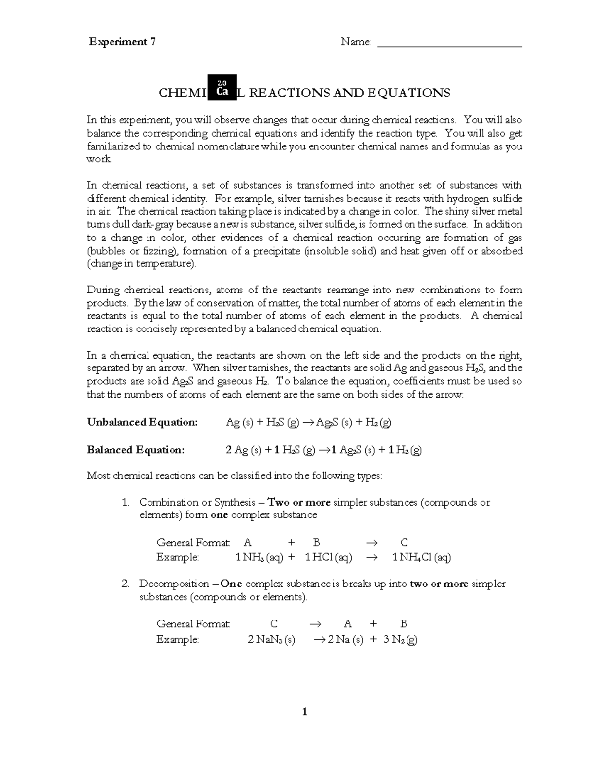 Chemical Reactions & Equations Lab Report (CHEMI 101) - Experiment 7 ...