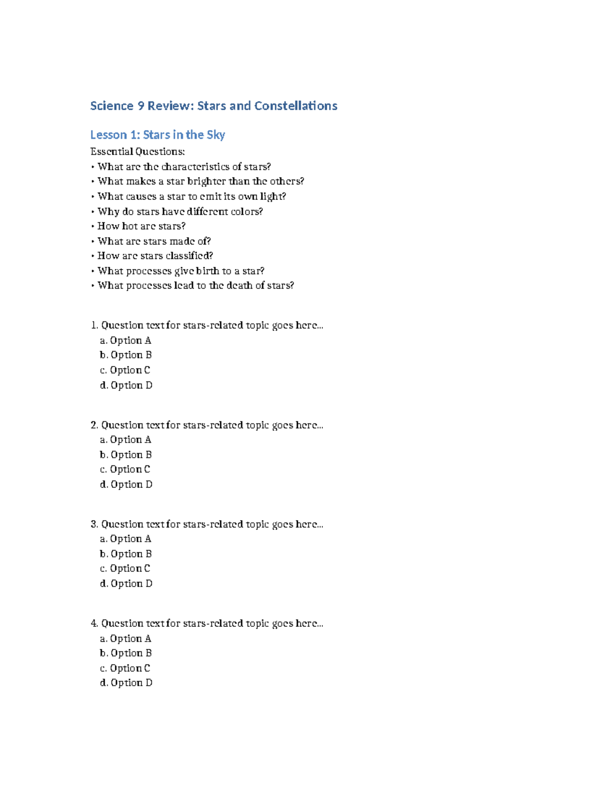 Science 9 Stars and Constellations Review - Science 9 Review: Stars and ...