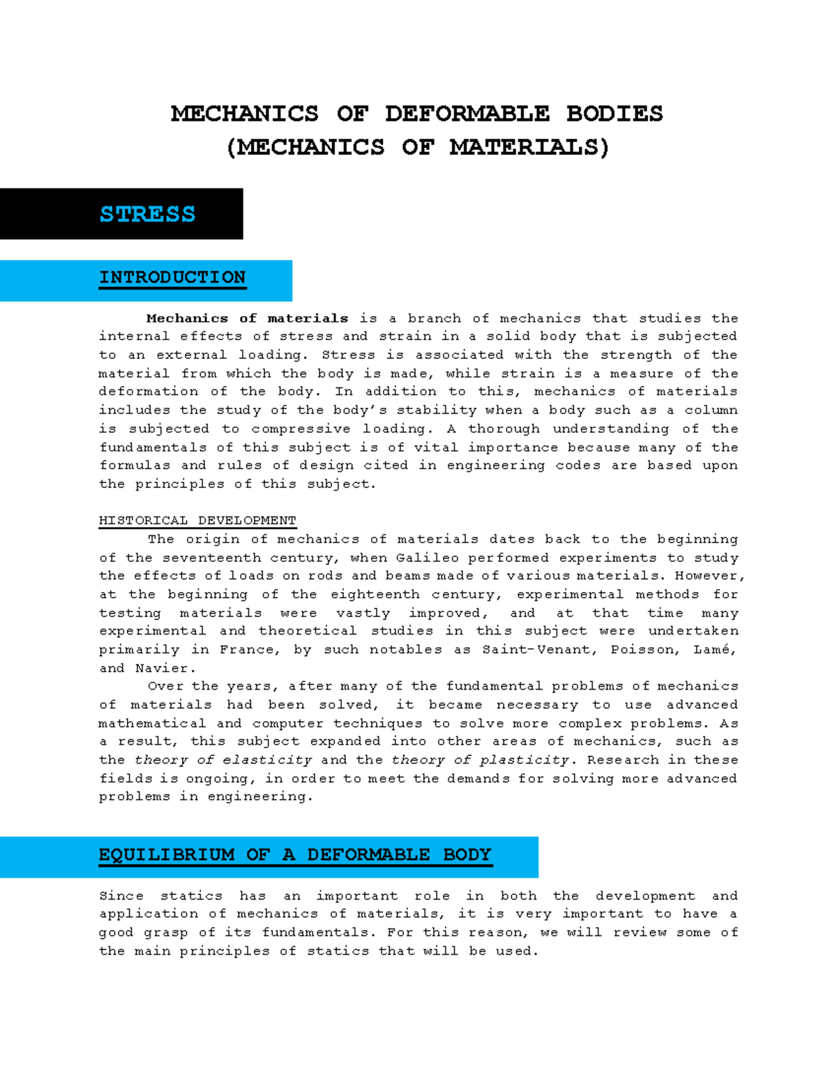 Mechanics OF Deformable Bodies Chapter 1 - MECHANICS OF DEFORMABLE ...