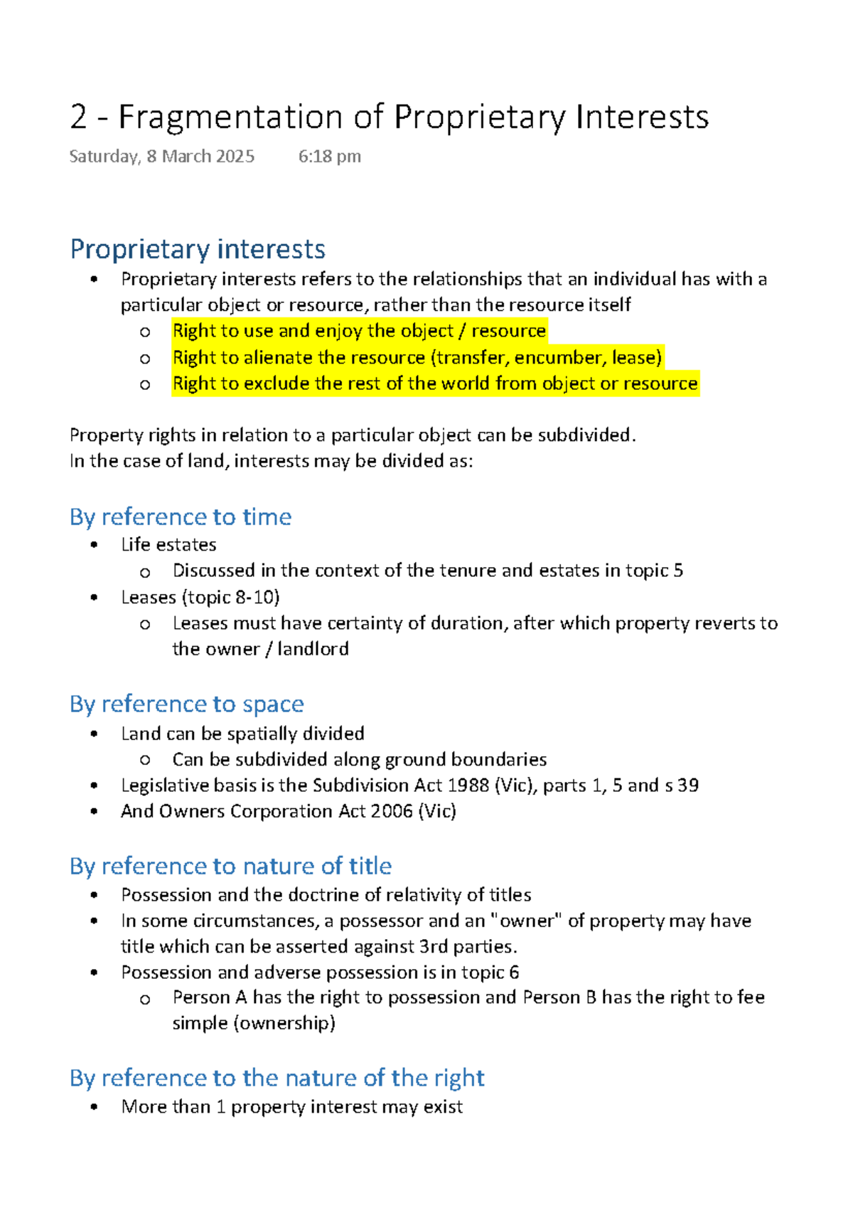 LAW2112 Topic 2 - Fragmentation of Proprietary Interests Notes - Studocu