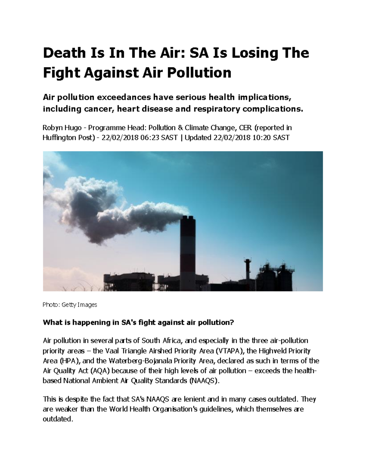 Air Pollution Crisis in SA: Health Impacts and Compliance Issues - Studocu