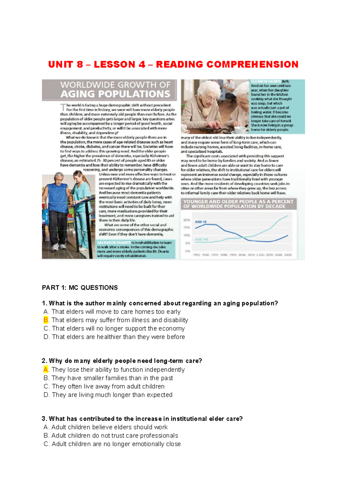 UNIT 8 LESSON 4 READING COMPREHENSION MC QUESTIONS - Studocu