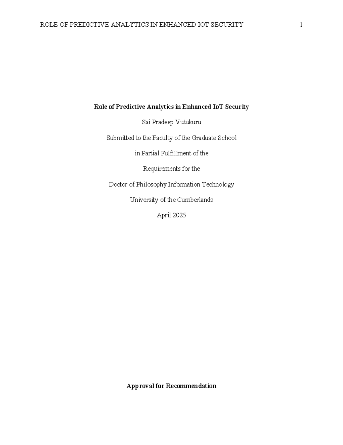 ROLE OF PREDICTIVE ANALYTICS IN ENHANCING IOT SECURITY: DISSERTATION ...