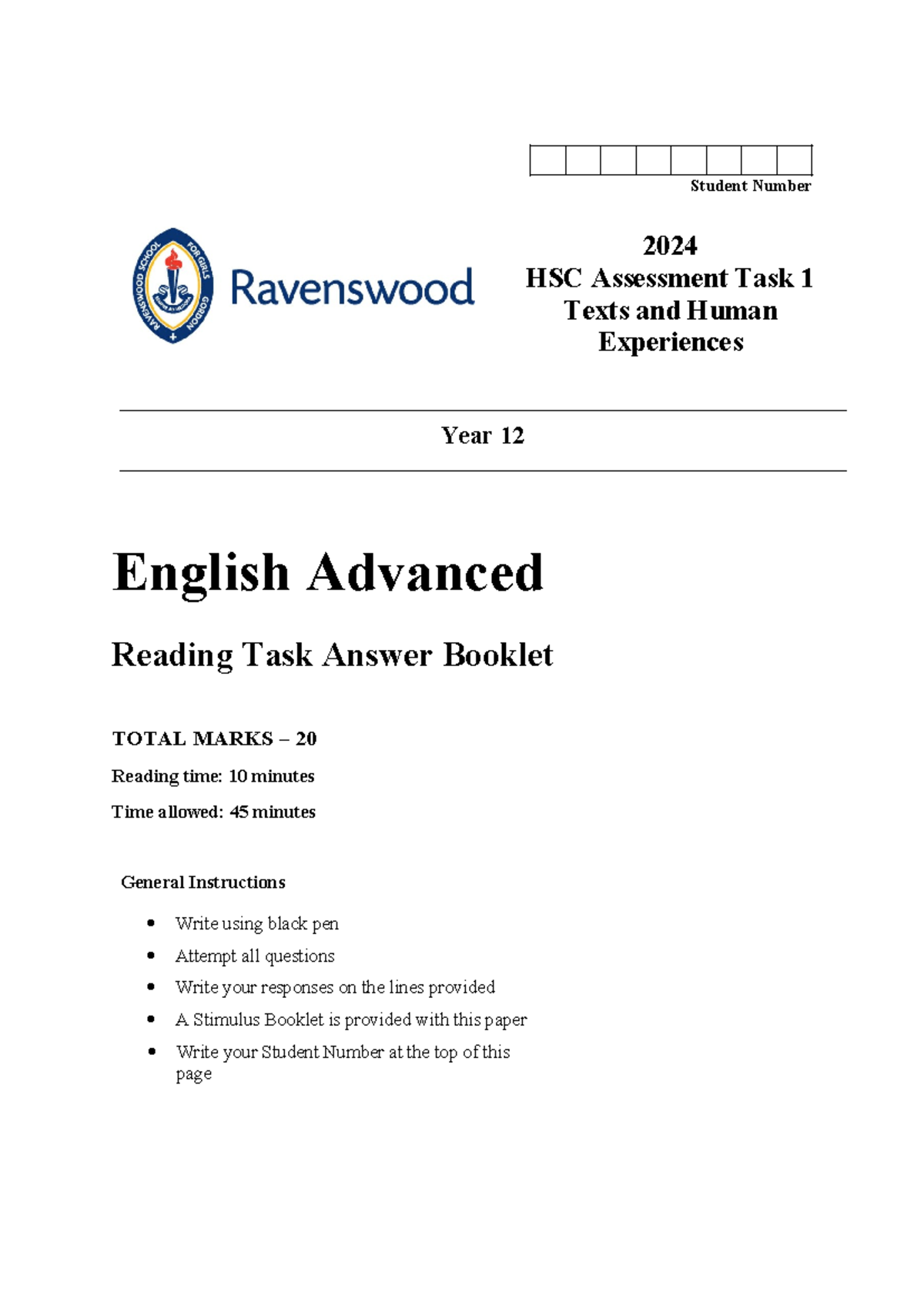 Ravenswood HSC Assessment Task 1: Texts & Human Experiences Year 12 ...
