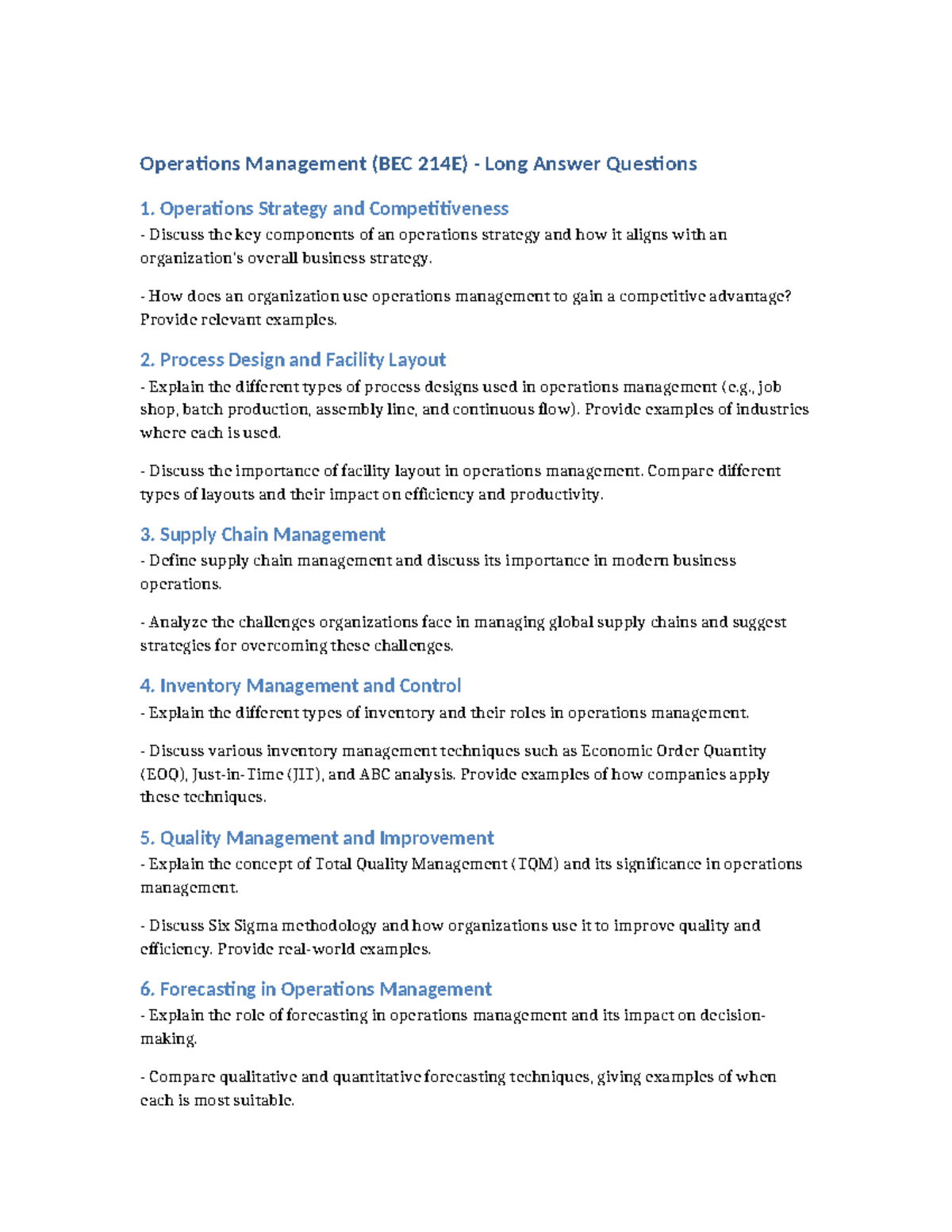 Operations Management Long Questions - Operations Management (BEC 214E ...