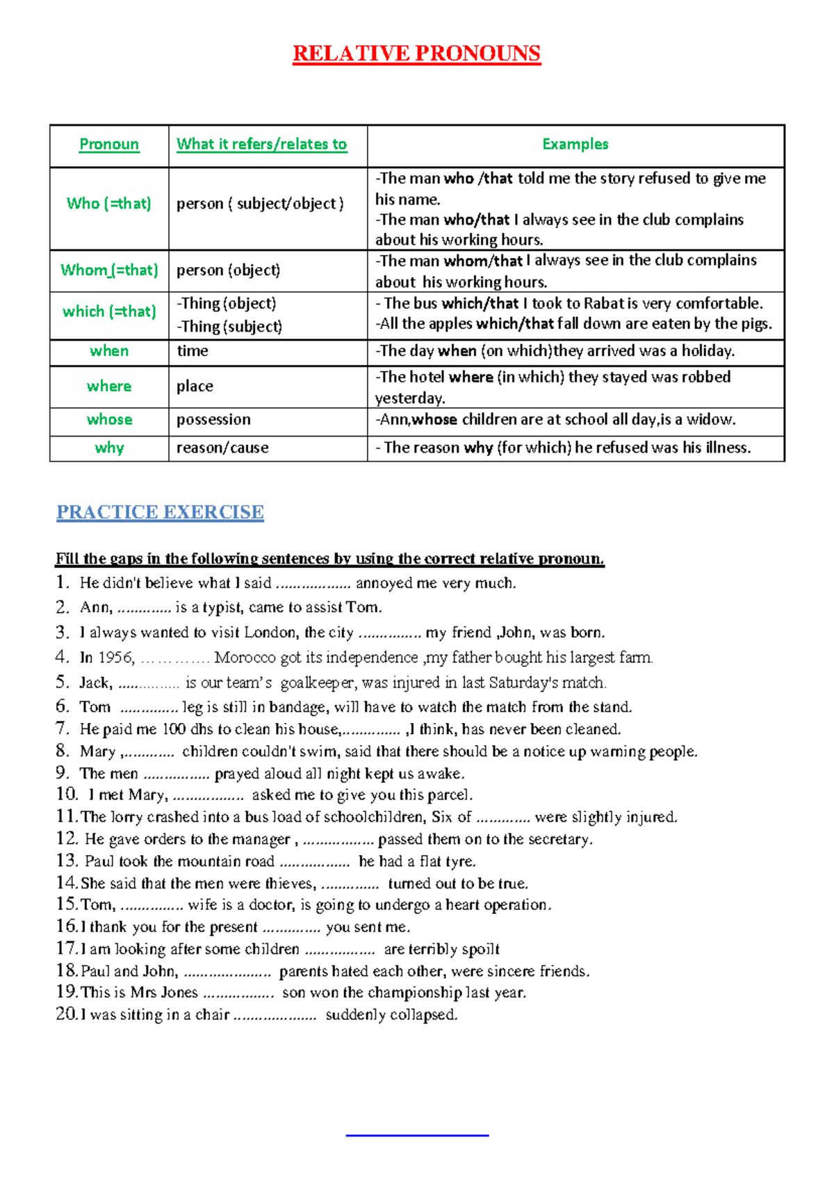 Relative Pronouns Practice Exercise - ENG 111 - Studocu