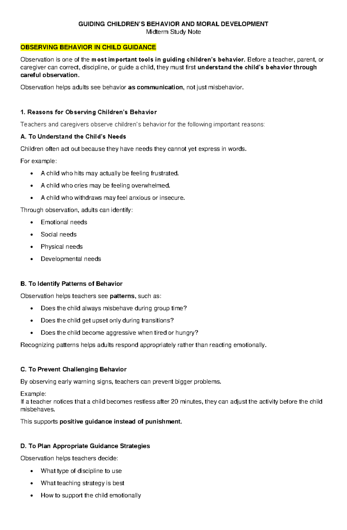 Guiding Behavior and Moral Development: Midterm Study Notes - Studocu