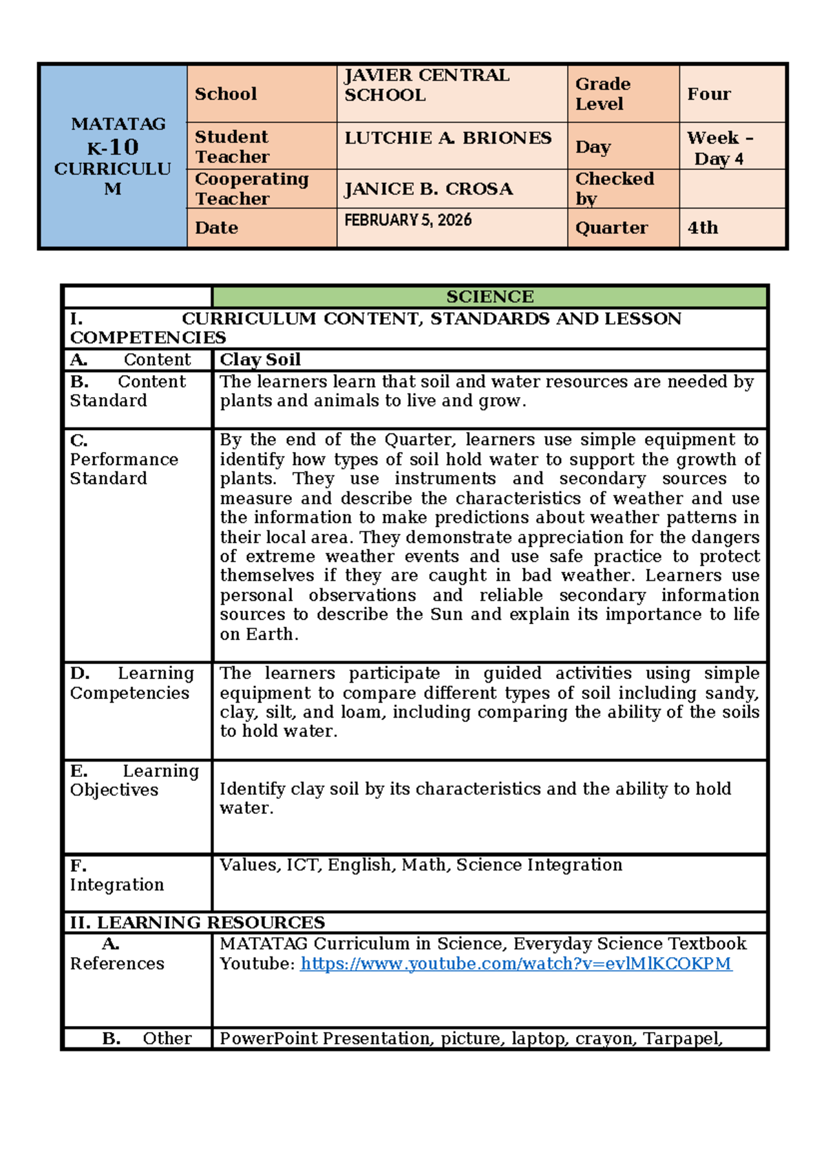 Grade 4 Science Lesson Plan: Clay Soil - FEB 5, 2026 - Studocu