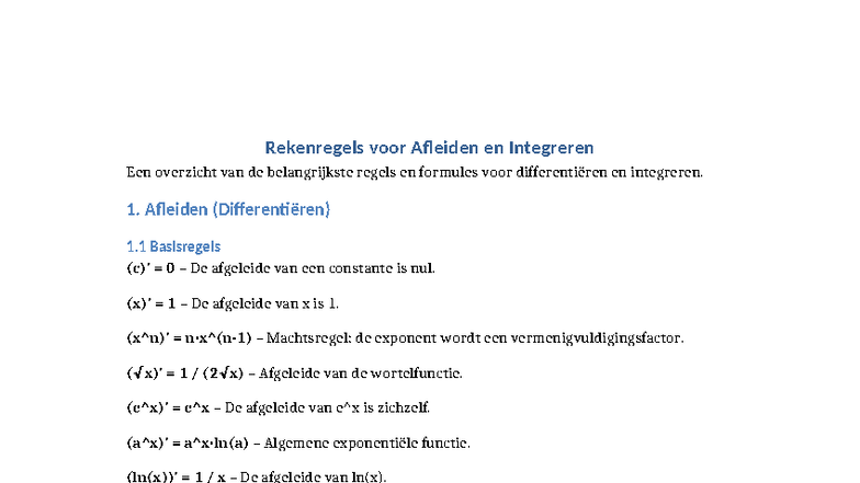 Rekenregels voor Afleiden en Integreren: Belangrijkste Formules - Studocu