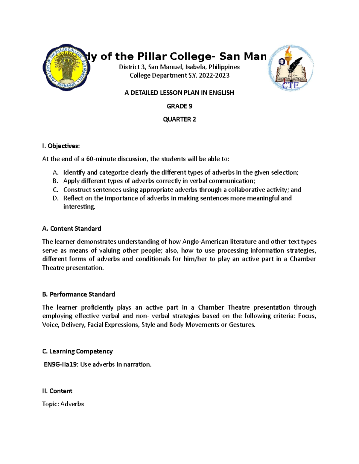 Detailed Lesson Plan on Adverbs - Our Lady of the Pillar College- San ...