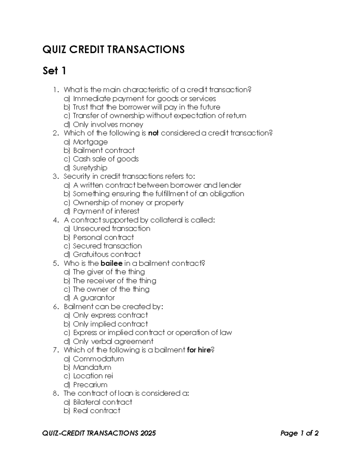 QUIZ: Credit Transactions Set 1 - Key Concepts & Questions - Studocu