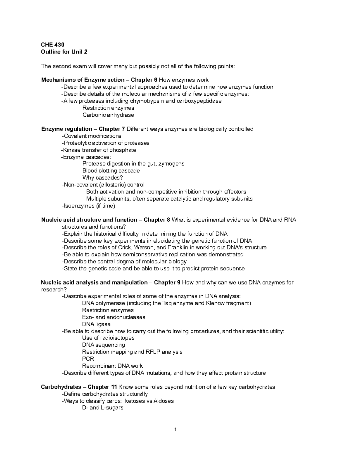 CHE 430 Unit 2 Outline: Enzyme Mechanisms & Nucleic Acids - Studocu