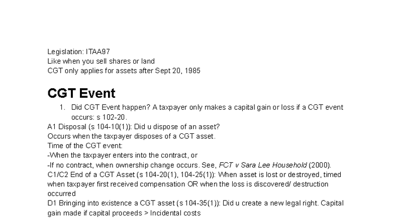 ITAA97: Understanding CGT Events and Asset Disposals for W7 Revision ...