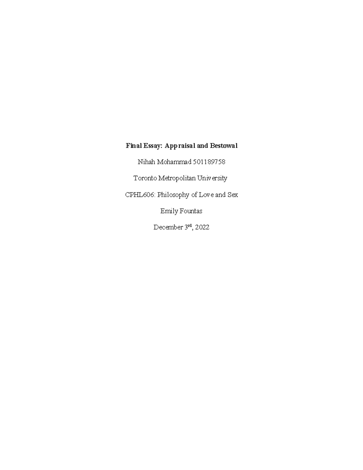 CPHL606 Final Essay: Appraisal and Bestowal in Love and Relationships ...
