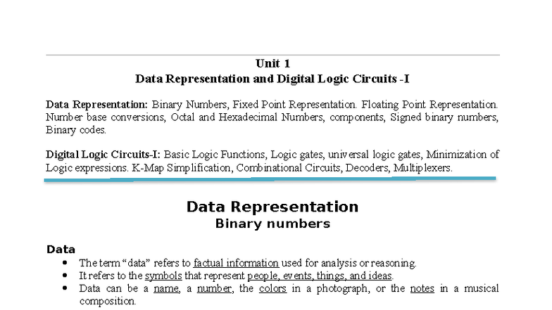 CO - Unit 1 - Data Representation & Digital Logic Circuits Overview ...