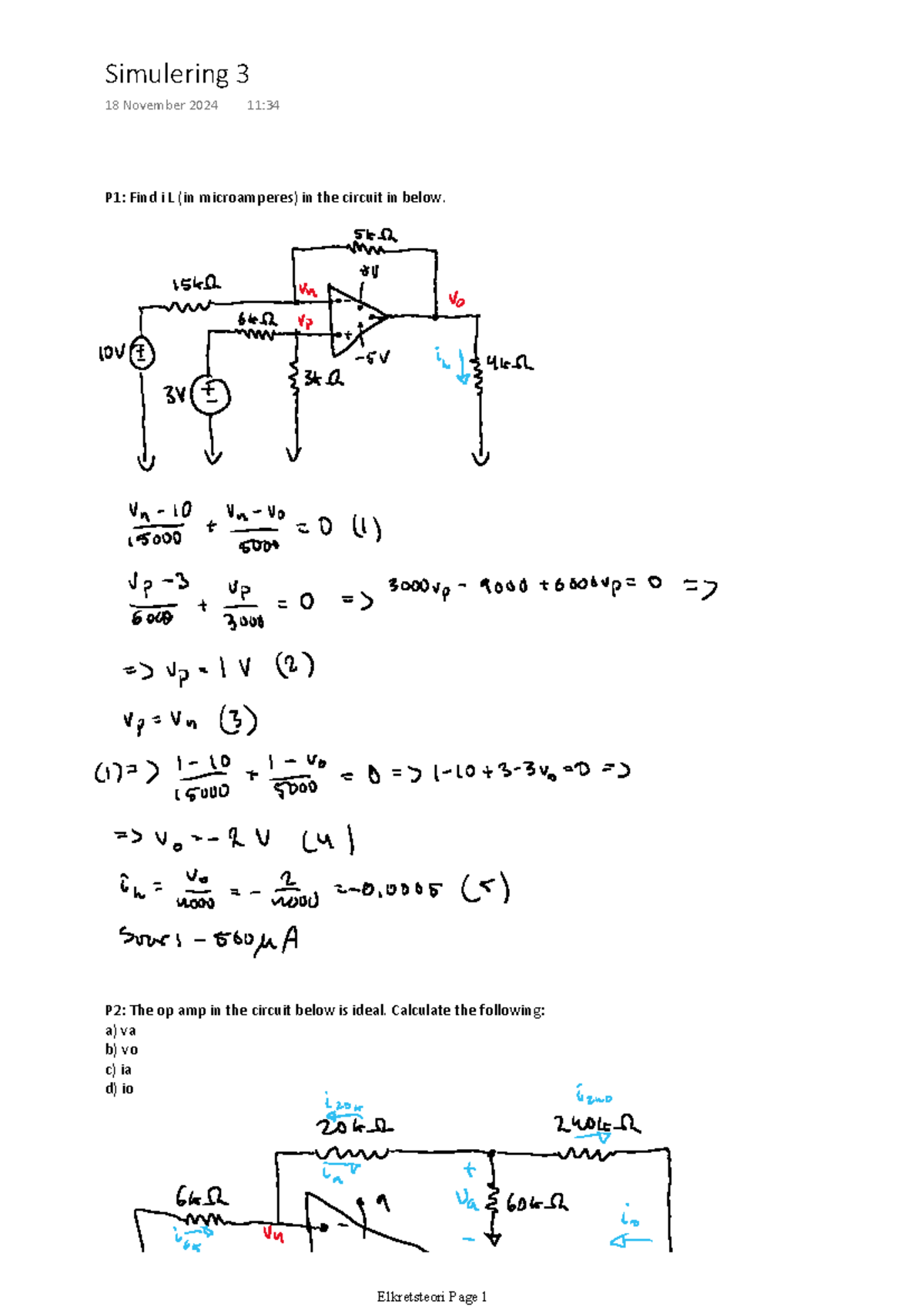 Elkrets simulering 3 - Förberedande uppgifter - P1: Find i L (in microamperes) in the circuit in ...