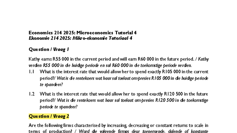 Economics 214 2025: Microeconomics Tutorial 4 Questions & Solutions ...