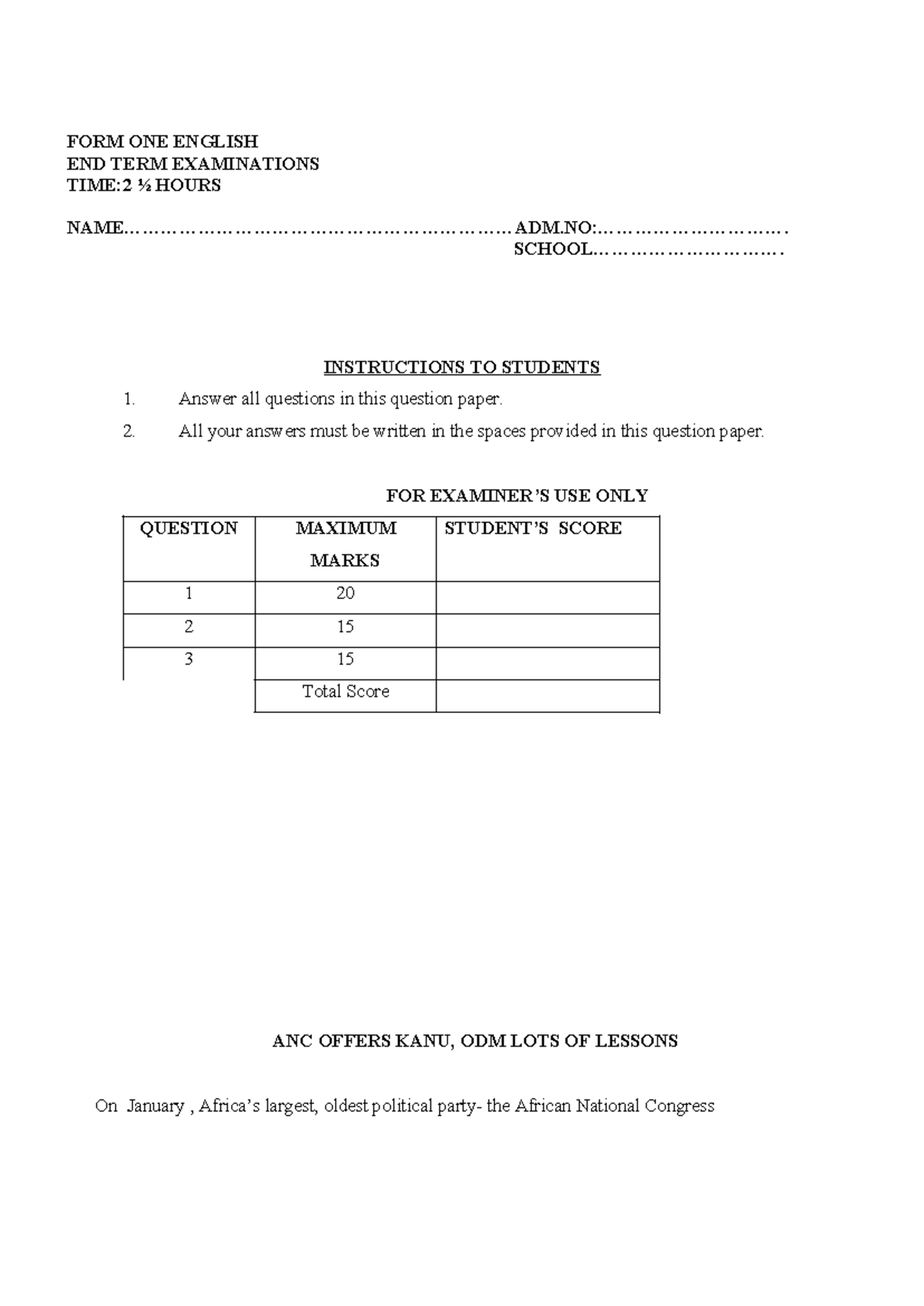 English - Form One End Term Exam Revision Notes - Studocu