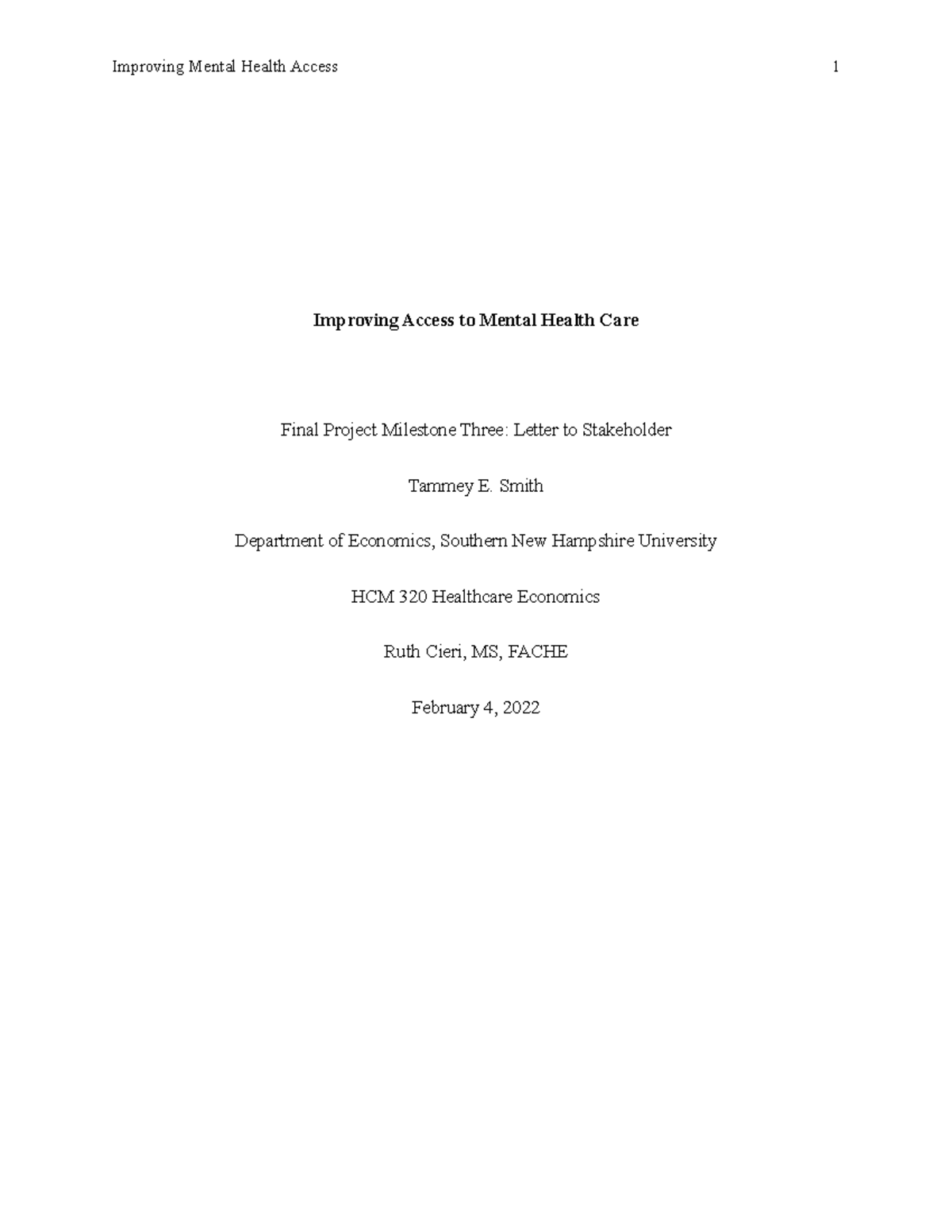 HCM 320 Final Project: Letter to Stakeholder on Mental Health Access ...