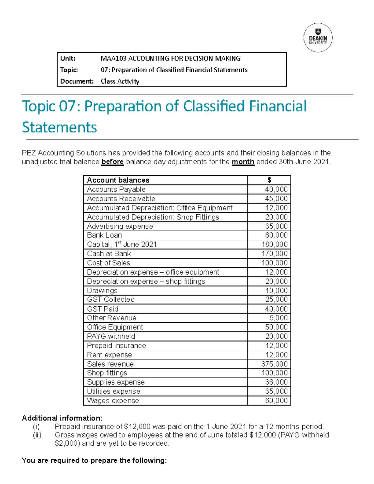 MAA103 Topic 7 - Class Activity - Unit: MAA103 ACCOUNTING FOR DECISION ...